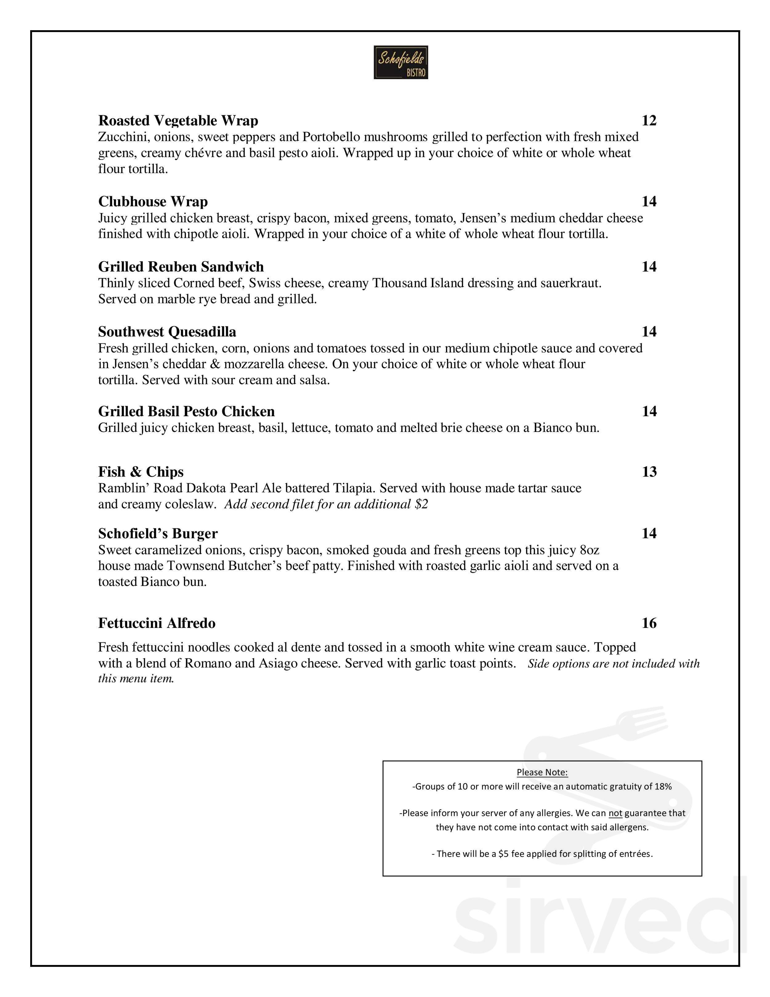 Schofields Bistro menus in Port Dover, Ontario, Canada
