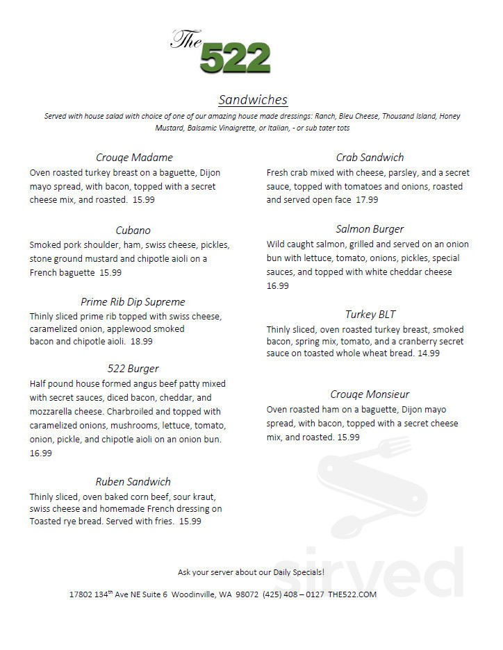 Menu for Route 522 Taproom The 522 in Woodinville, Washington, United ...
