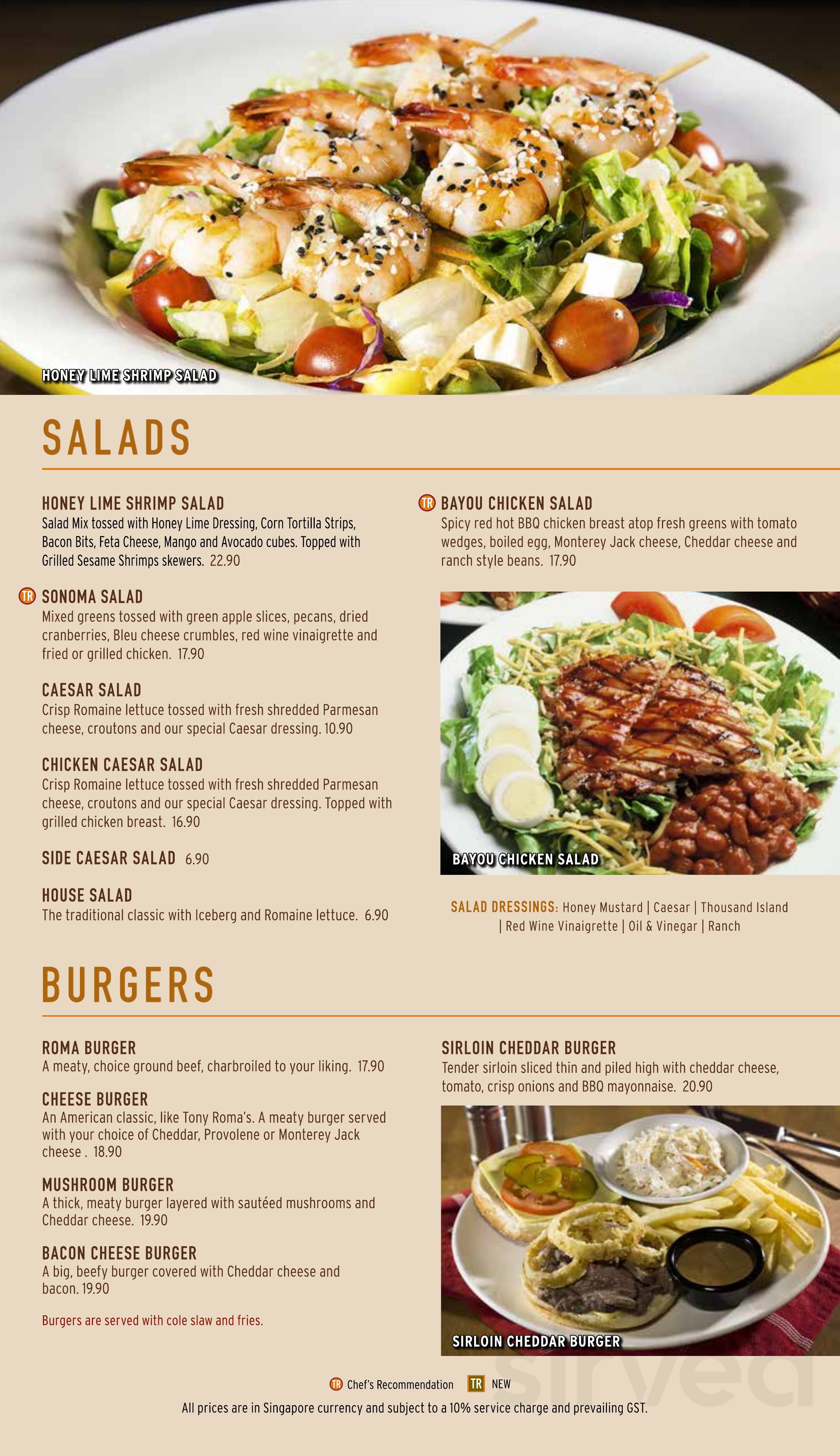 Tony Roma's menus in Thunder Bay, Ontario, Canada