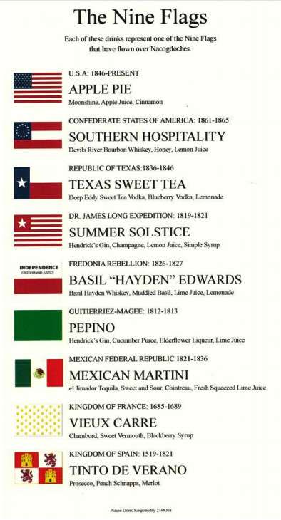 Nine Flags Bar menu in Nacogdoches, Texas, USA