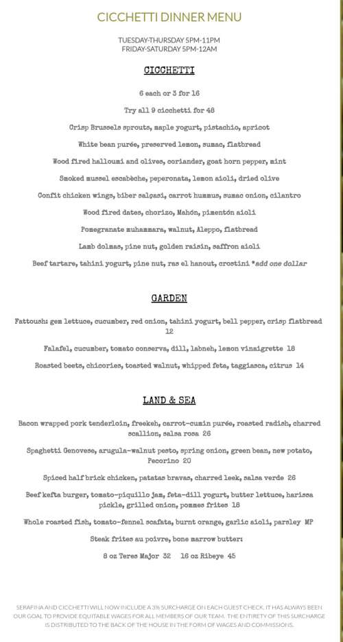 Cicchetti menu in Seattle, Washington, USA