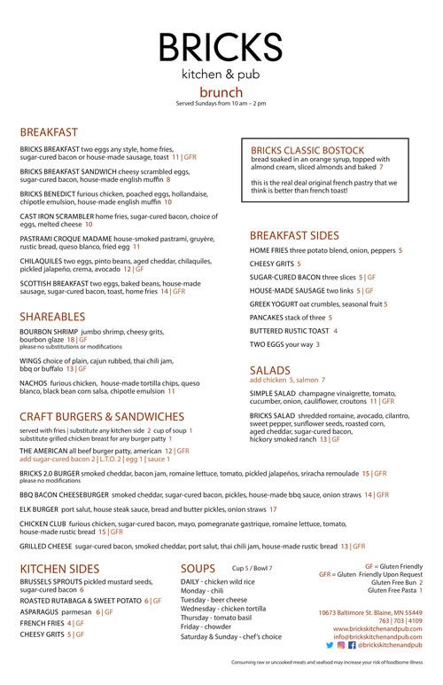 Bricks Kitchen & Pub menu in Blaine, Minnesota, USA