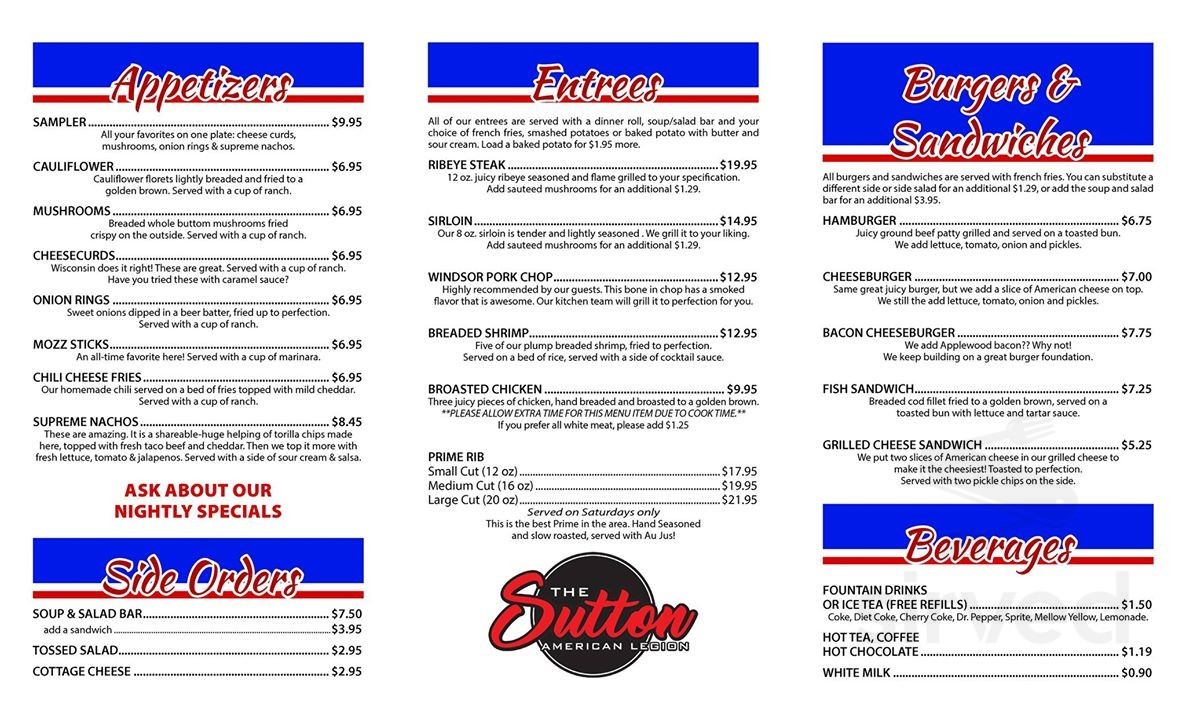 Sutton Legion Restaurant menus in Sutton, Nebraska, United States