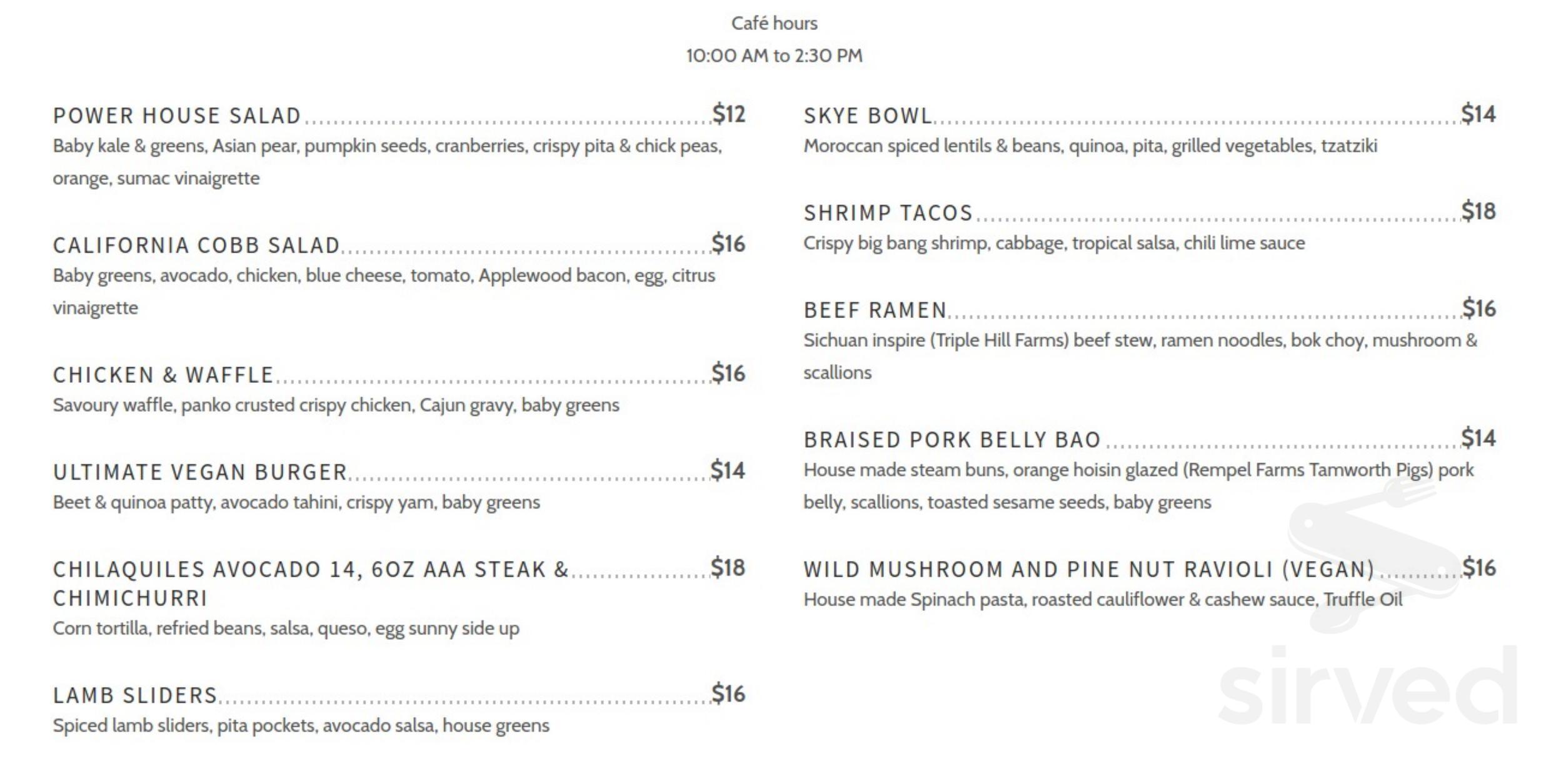 Skye Cafe & Bistro menu in Regina, Saskatchewan, Canada