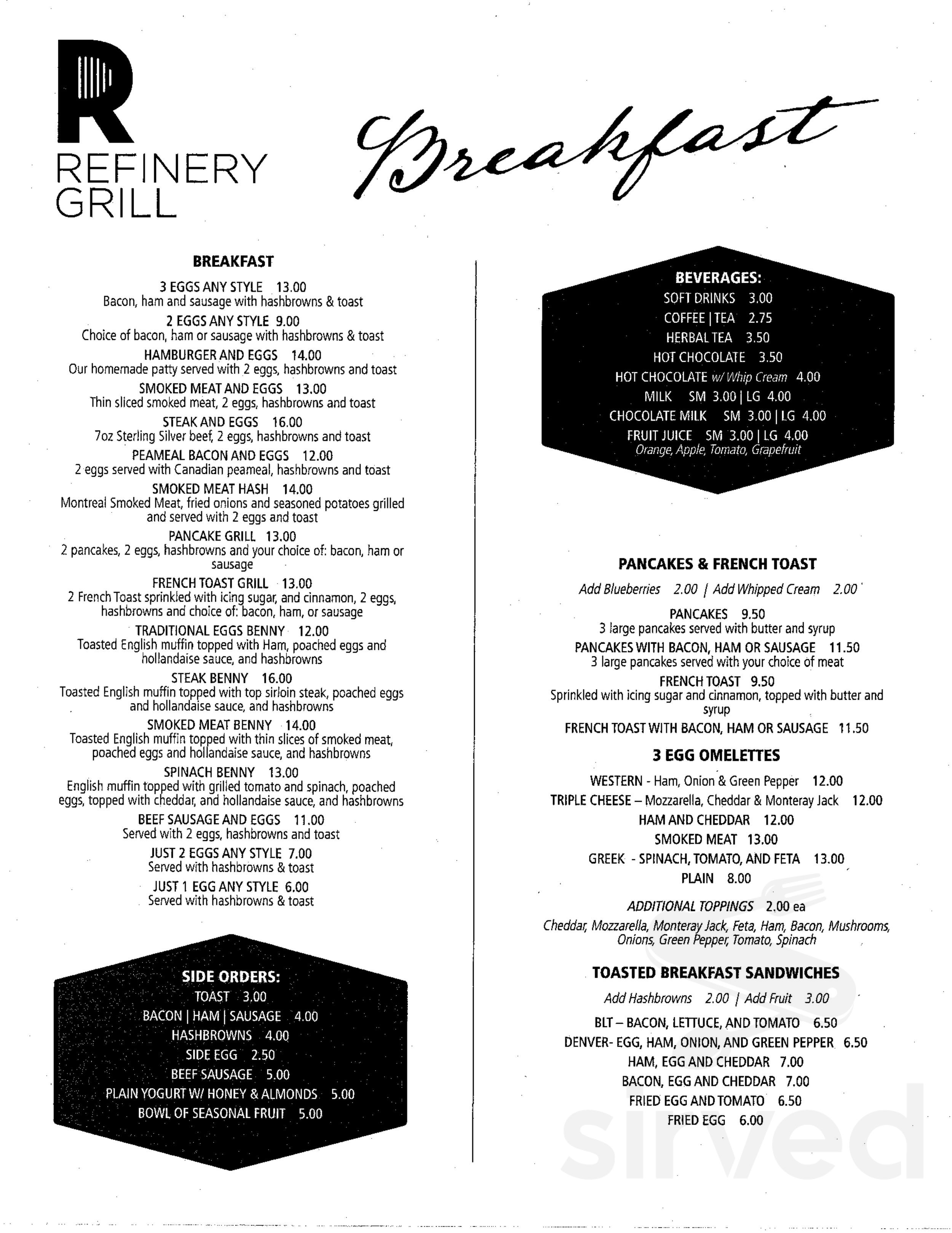 Refinery Grill menus in Edmonton, Alberta, Canada