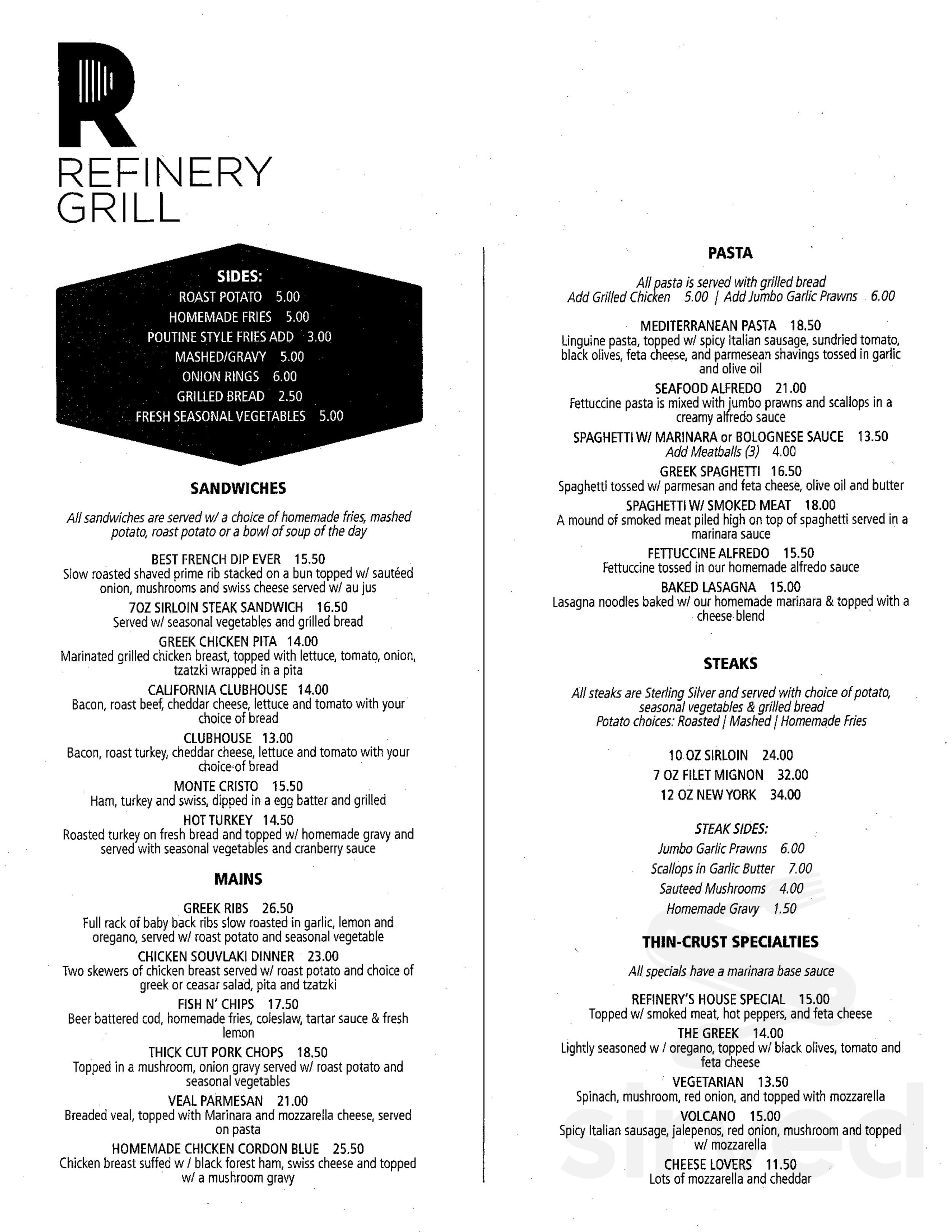 Refinery Grill menu in Edmonton, Alberta, Canada