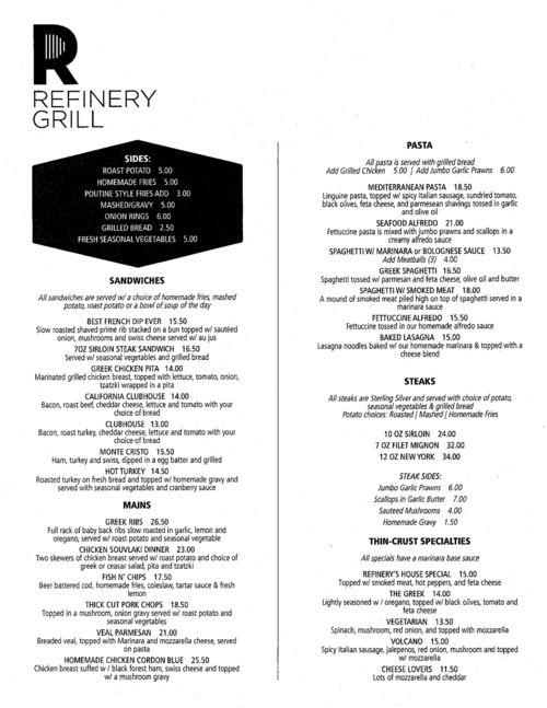 Refinery Grill menu in Edmonton, Alberta, Canada