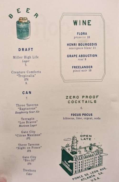 Clermont Hotel and Rooftop Bar menu in Atlanta, Georgia, USA