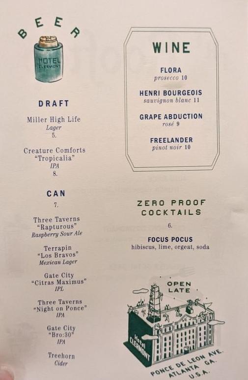 Clermont Hotel and Rooftop Bar menu in Atlanta, Georgia, USA