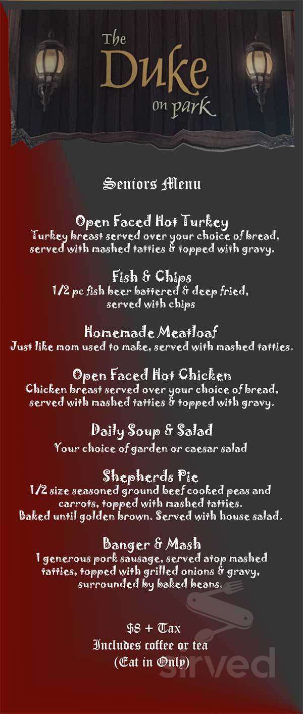 Duke on Park menu in Brantford, Ontario, Canada