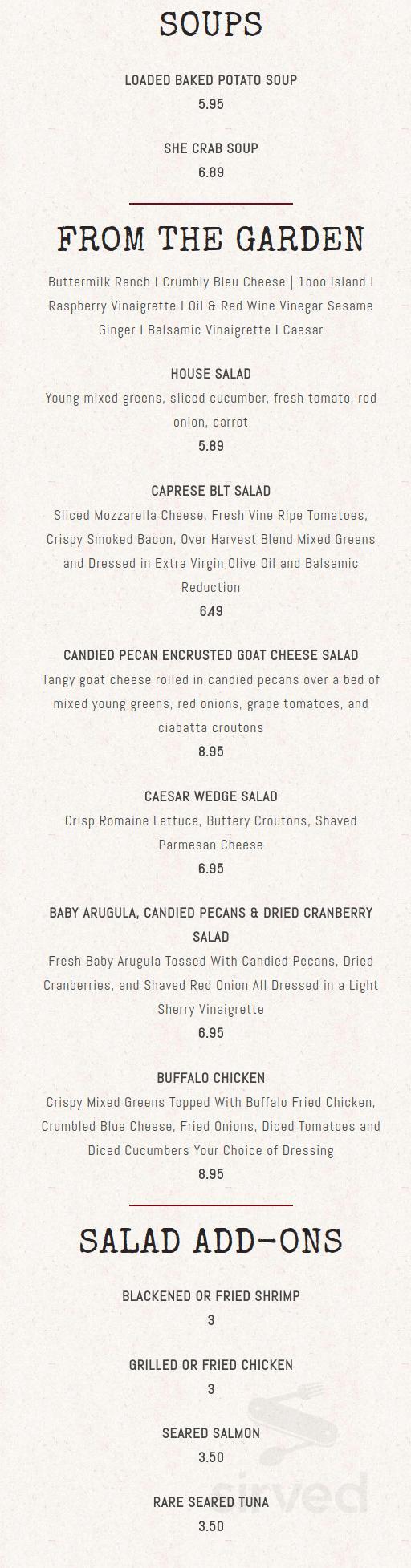 Shug's Steakhouse menu in Hartsville, South Carolina, USA