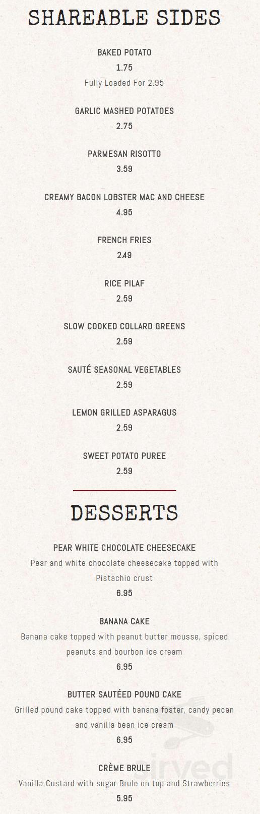 Menu for Shug's Steakhouse in Hartsville, South Carolina, United States