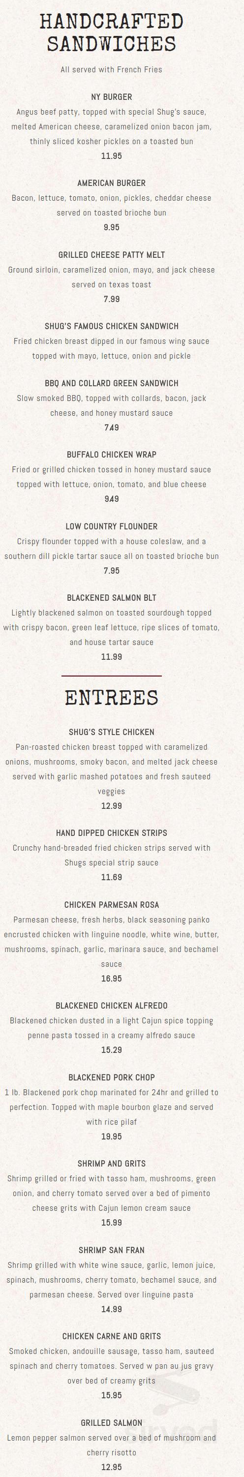 Shug's Steakhouse menu in Hartsville, South Carolina, USA