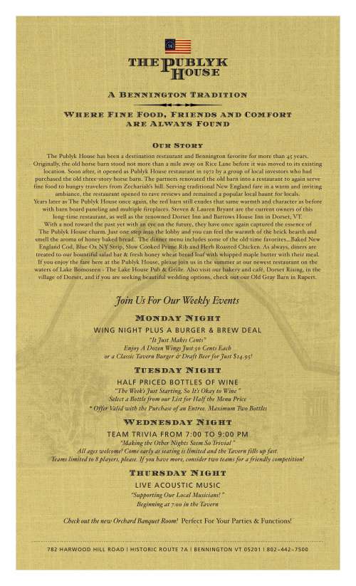 The Publyk House menu in Bennington, Vermont, USA