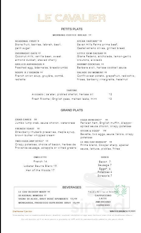 Le Cavalier menu in Wilmington, Delaware, USA