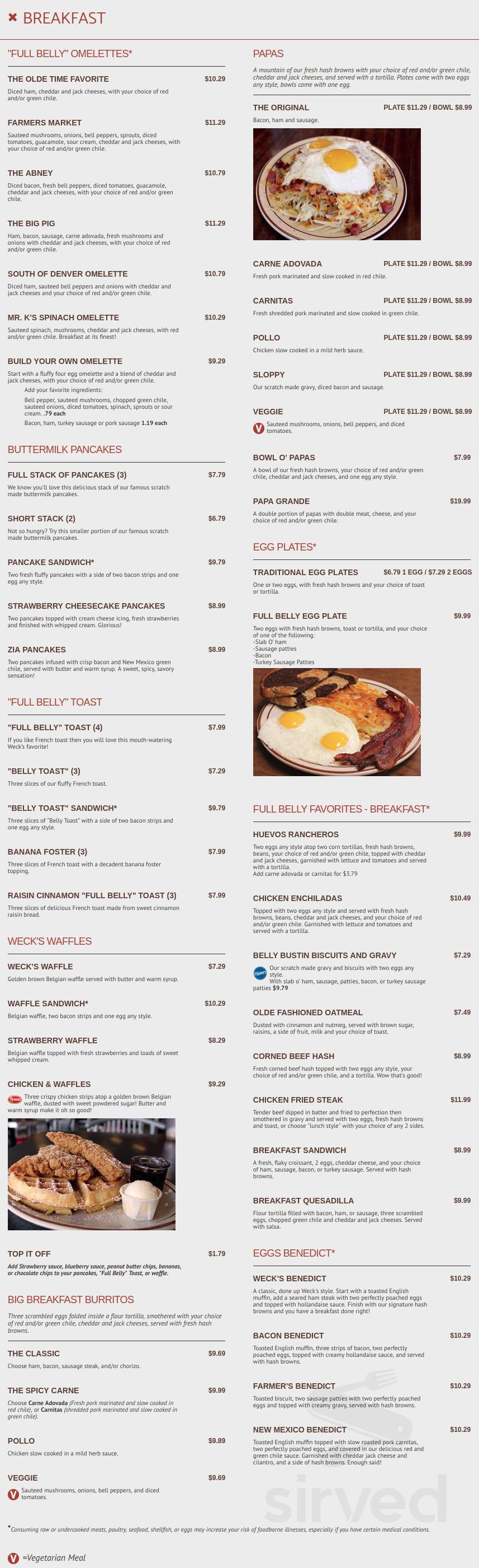 Weck's menu in Farmington, New Mexico, USA