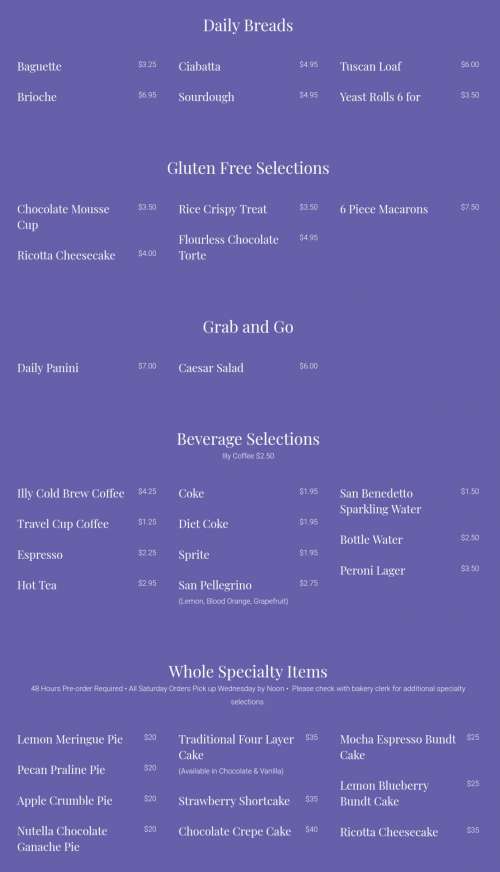 Blackbird Bakery menu in Williamsburg, Virginia, USA