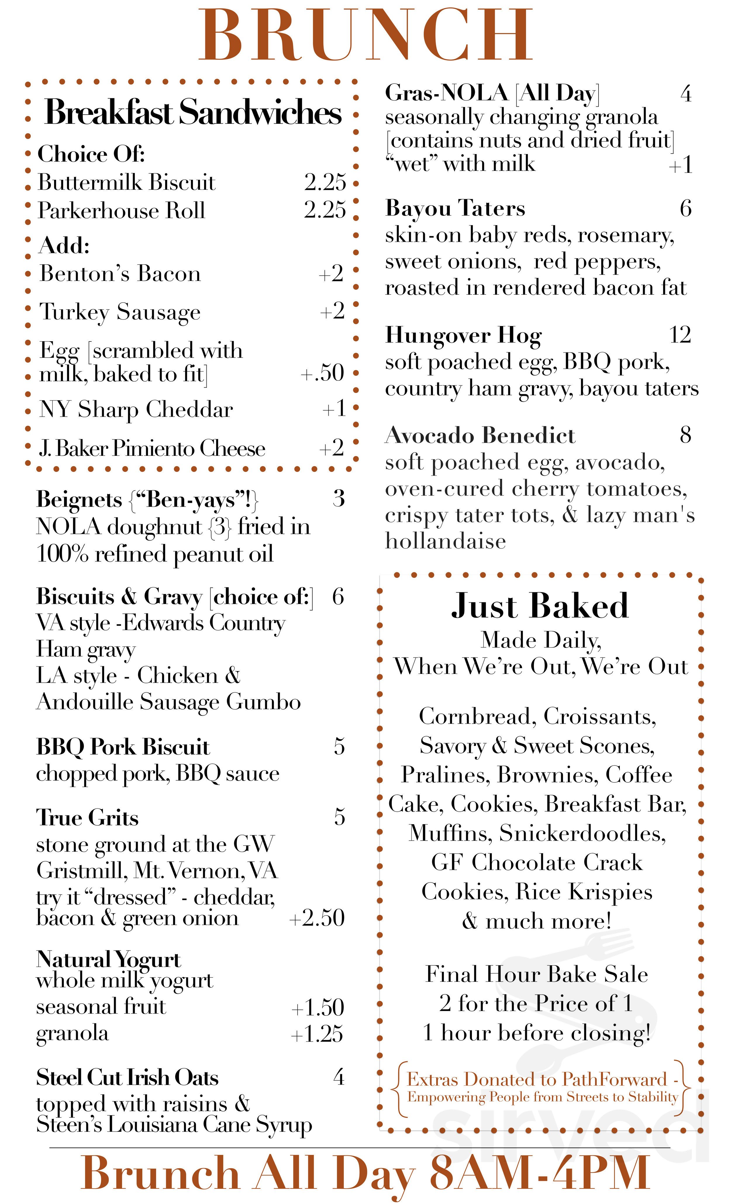 Bayou Bakery, Coffee Bar & Eatery menu in Arlington, Virginia, USA