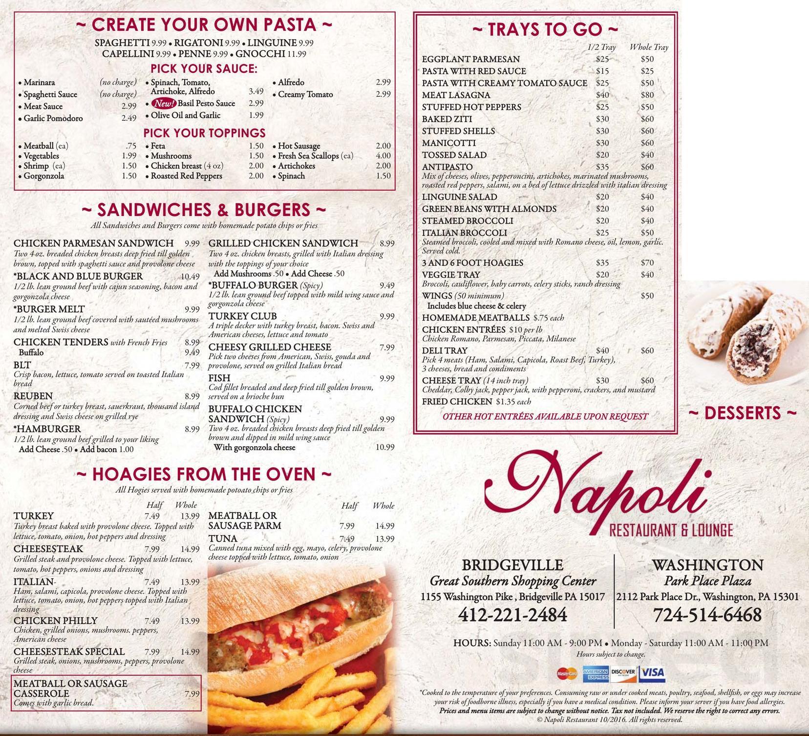 Menu for Napoli Restaurant in Bridgeville, PA | Sirved
