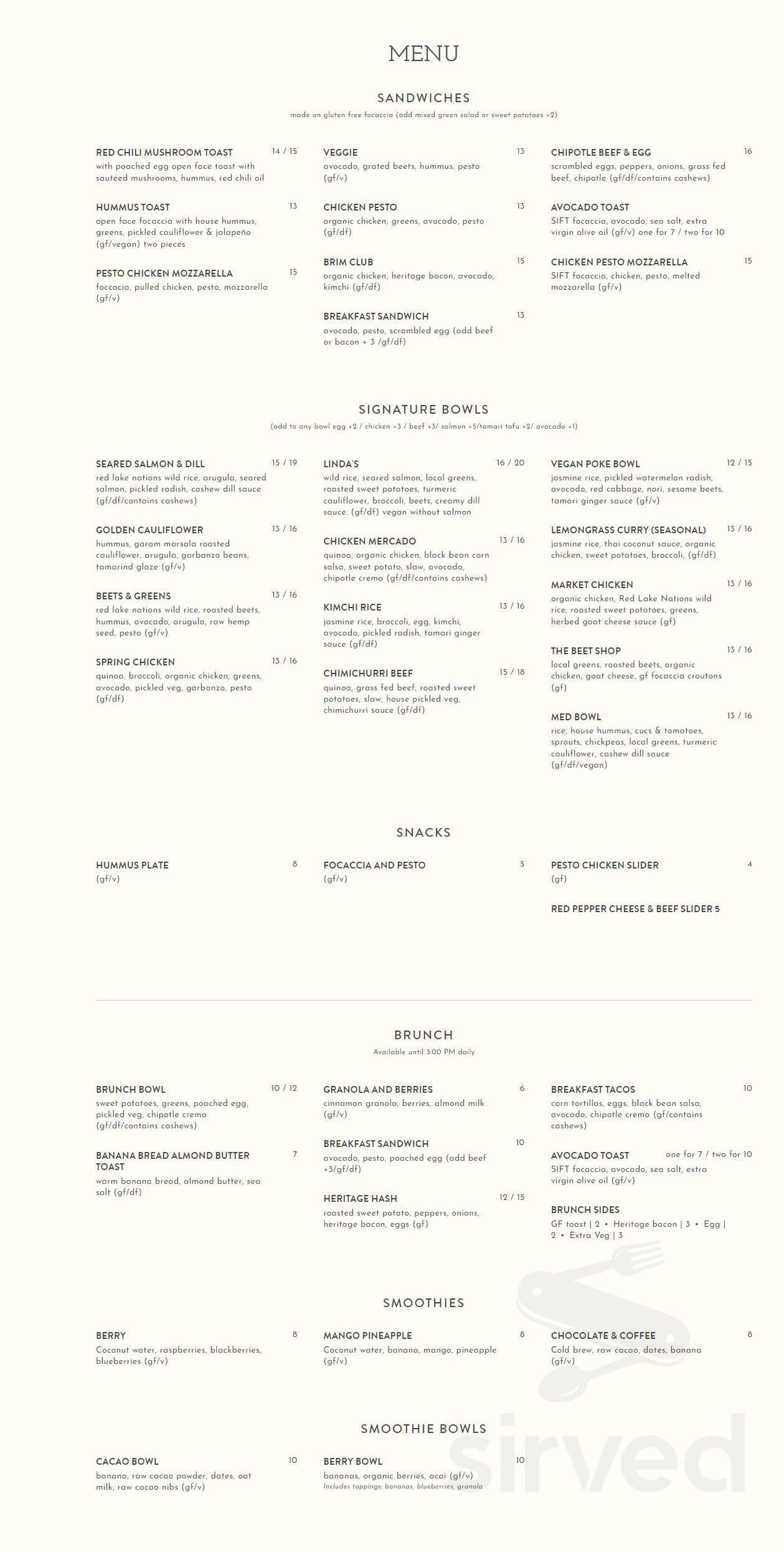 Brim menu in Minneapolis, Minnesota, USA