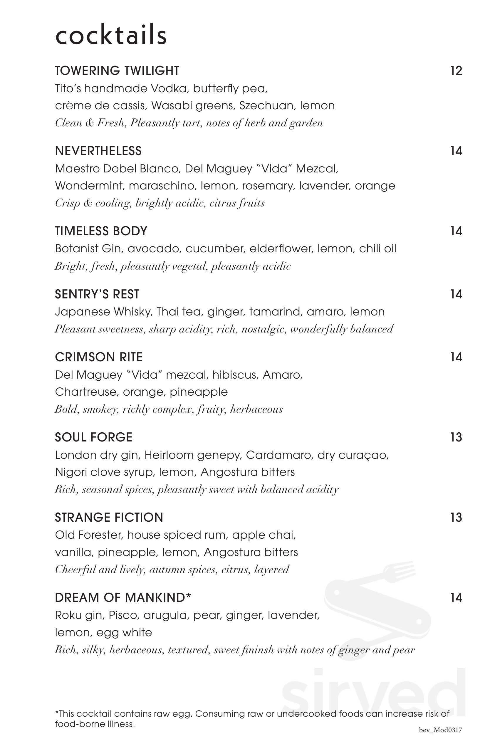 Modita menu in Indianapolis, Indiana, USA