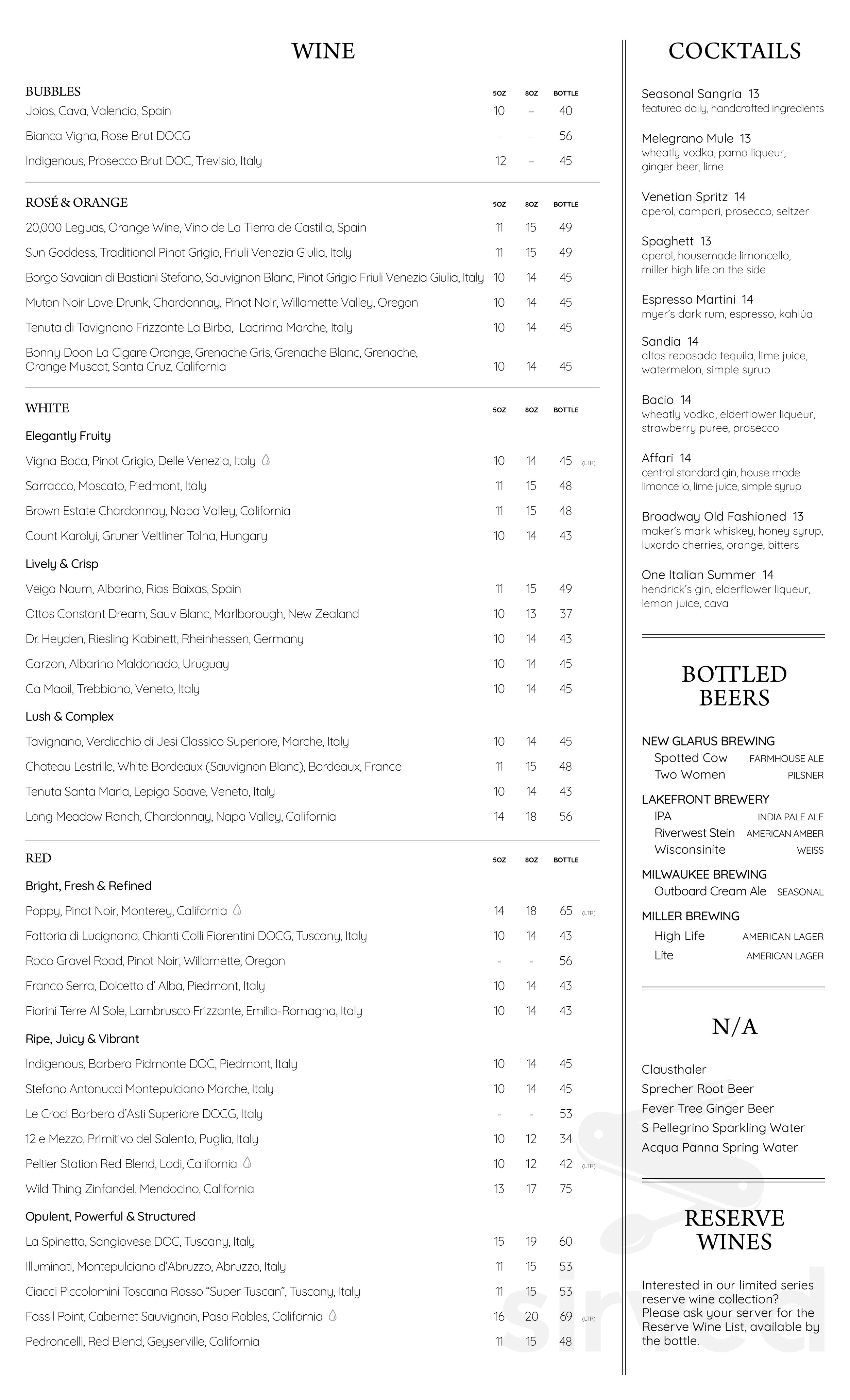 Onesto menu in Milwaukee, Wisconsin, USA