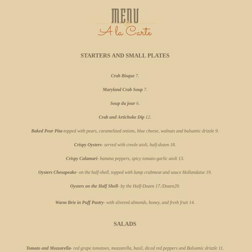 The Bayard House Restaurant menu in Chesapeake City, Maryland, USA