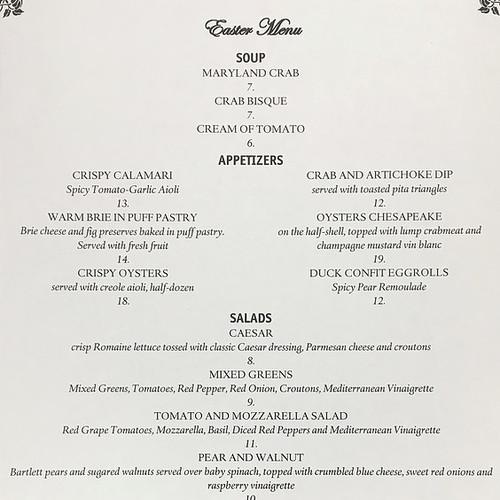 The Bayard House Restaurant menu in Chesapeake City, Maryland, USA