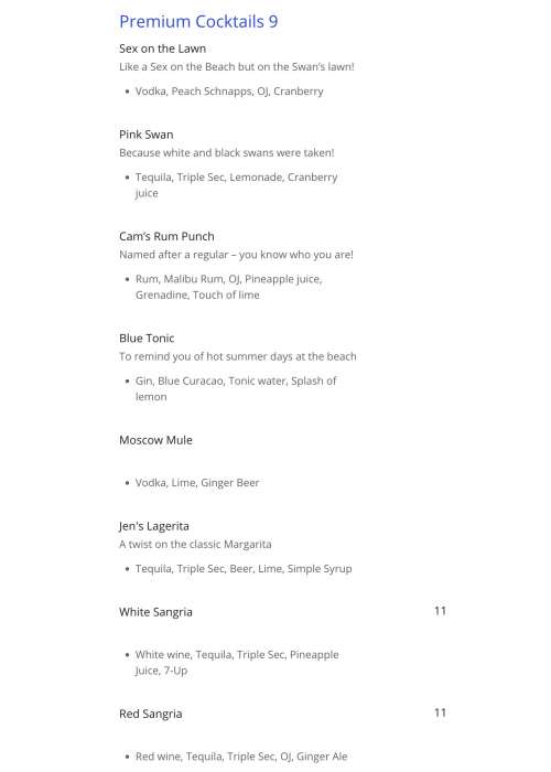 Swan on the Rideau menu in Manotick, Ontario, Canada