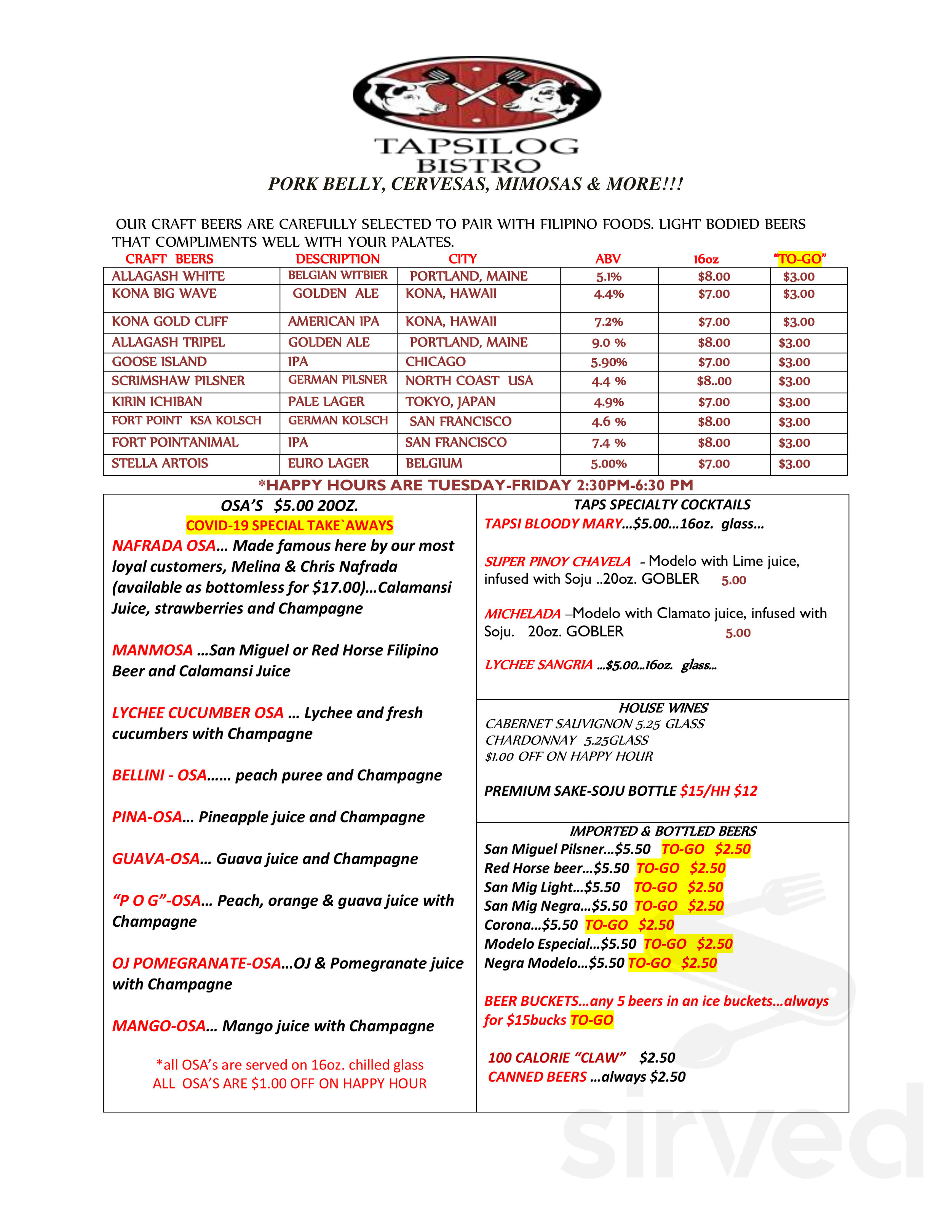 Menu - Campbell CA's Tapsilog Bistro | Sirved