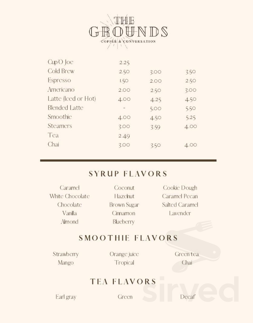 Menu - Harlan IA's The Grounds | Sirved