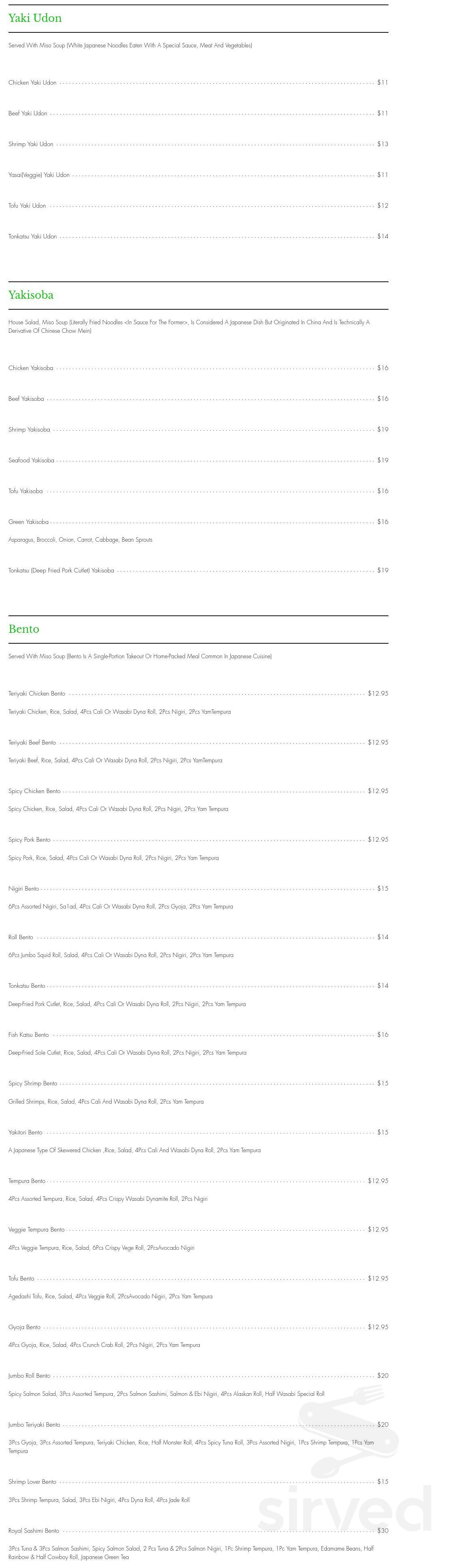 Menu - Regina SK's Wasabi | Sirved