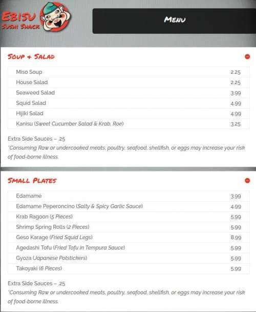 Ebisu Sushi Shack menu in Tampa, Florida, USA