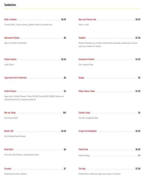 Nelly's menu in Wilmington, Illinois, USA