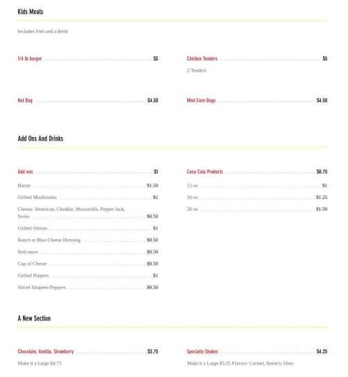 Nelly's menu in Wilmington, Illinois, USA