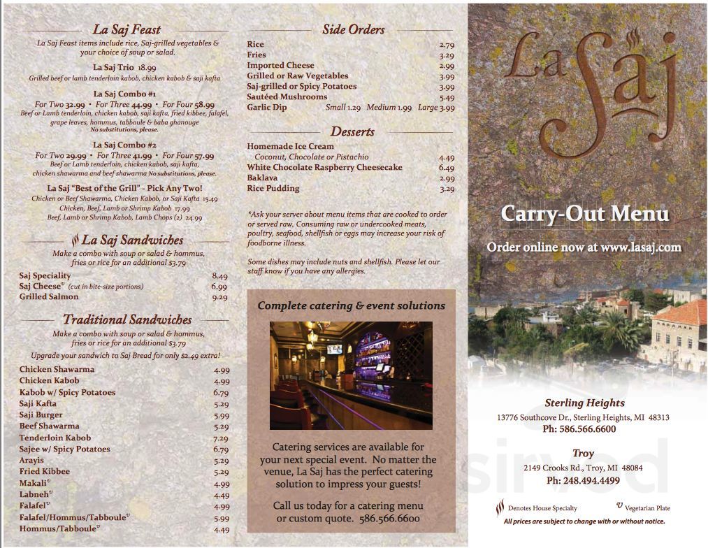 La Saj Lebanese Bistro menu in Sterling Heights, Michigan, USA