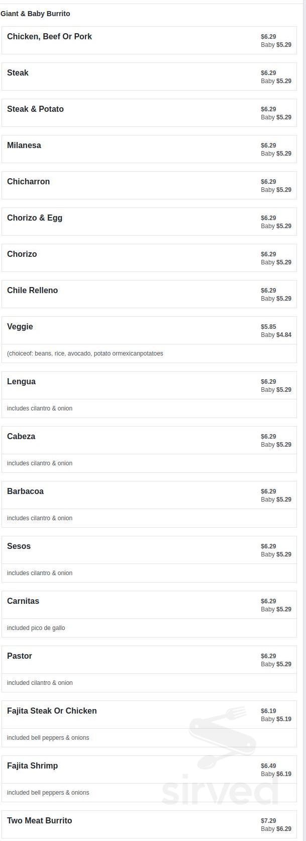 Burrito Paradise menu in Darien, Illinois, USA