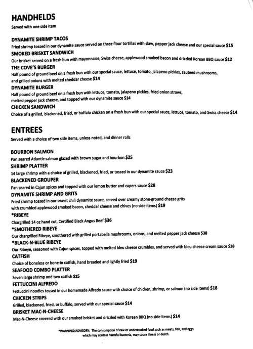 Taylor's Cove menu in Milledgeville, Georgia, USA