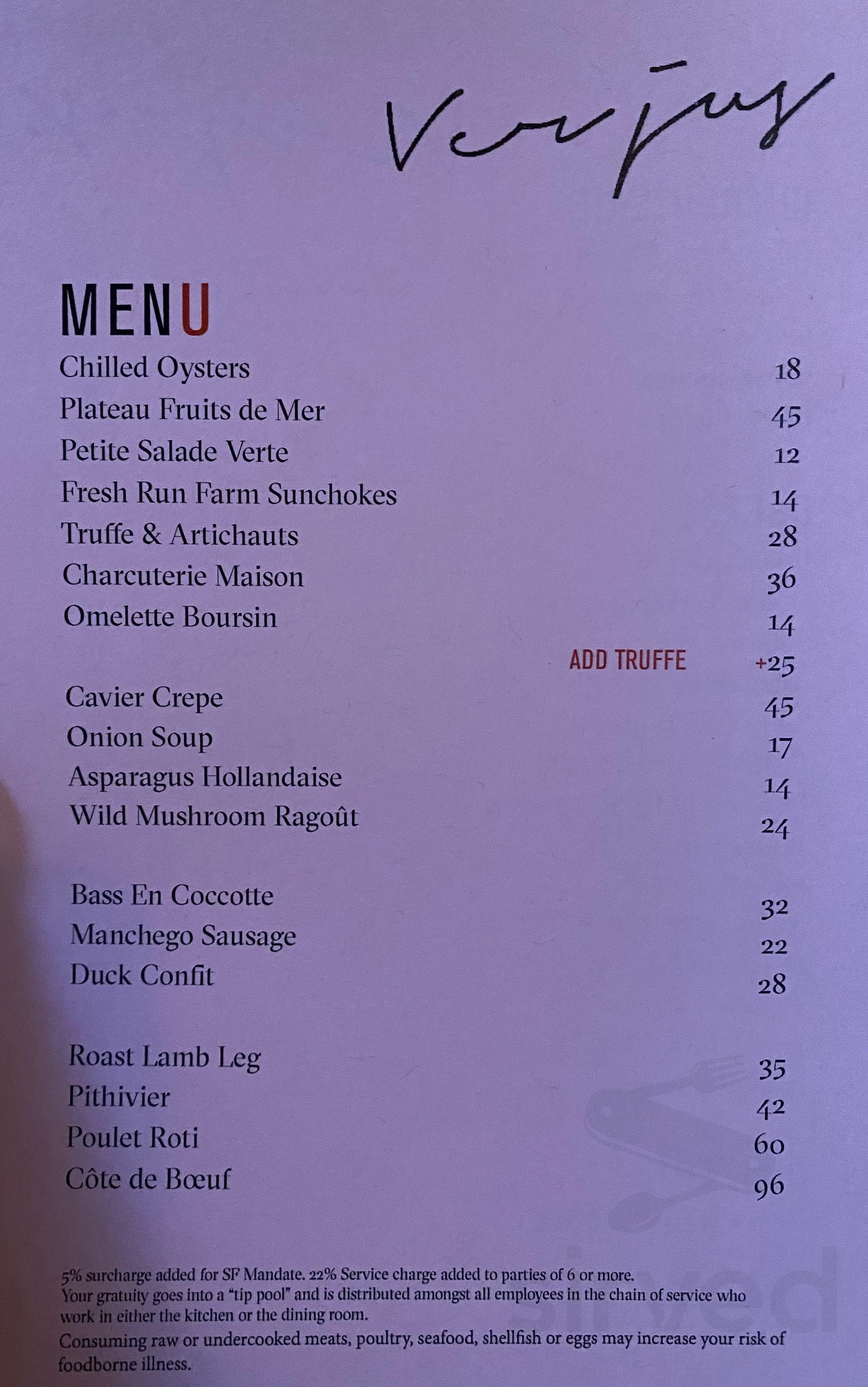 Verjus menu in San Francisco, California, USA
