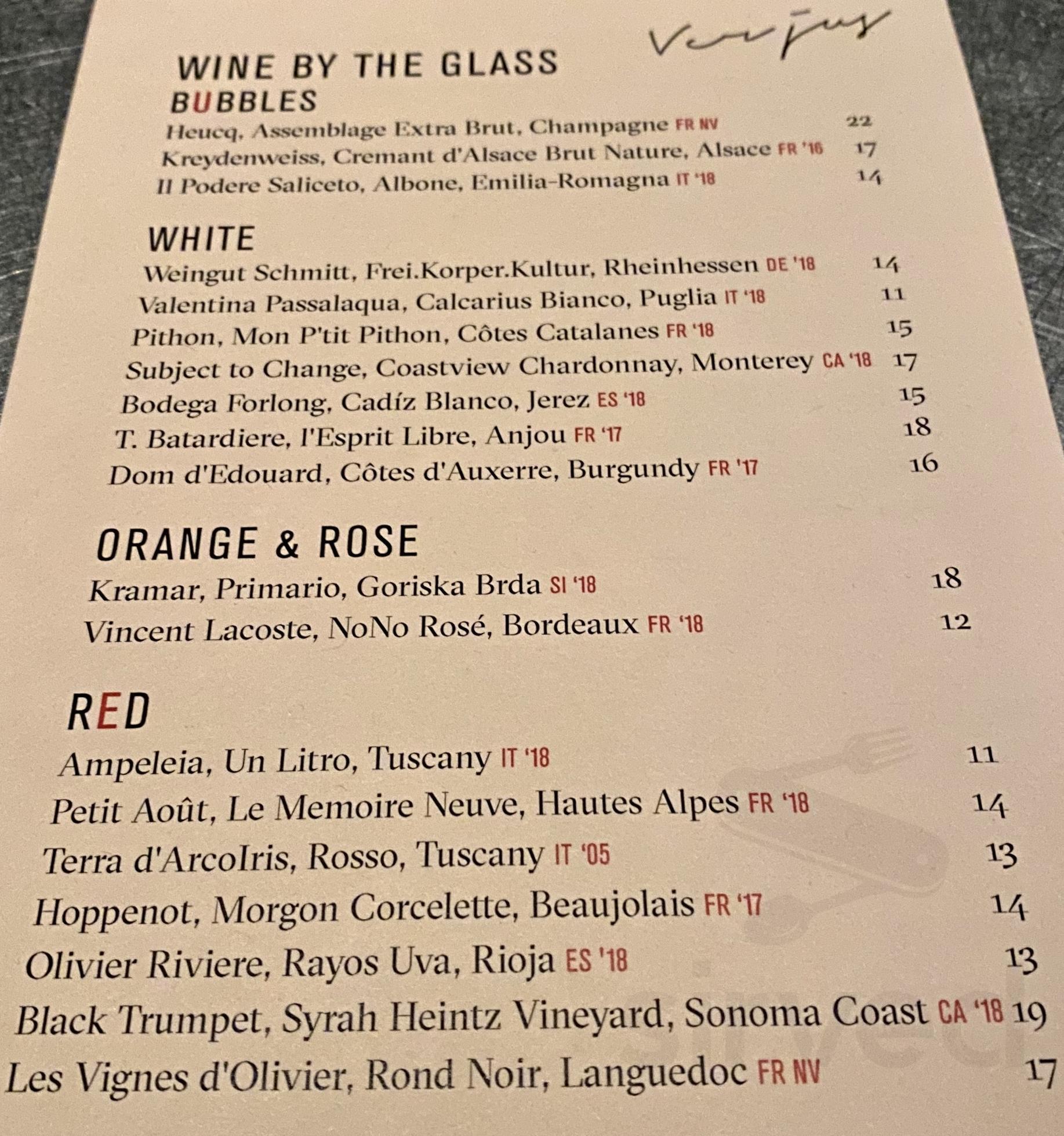 Verjus menu in San Francisco, California, USA