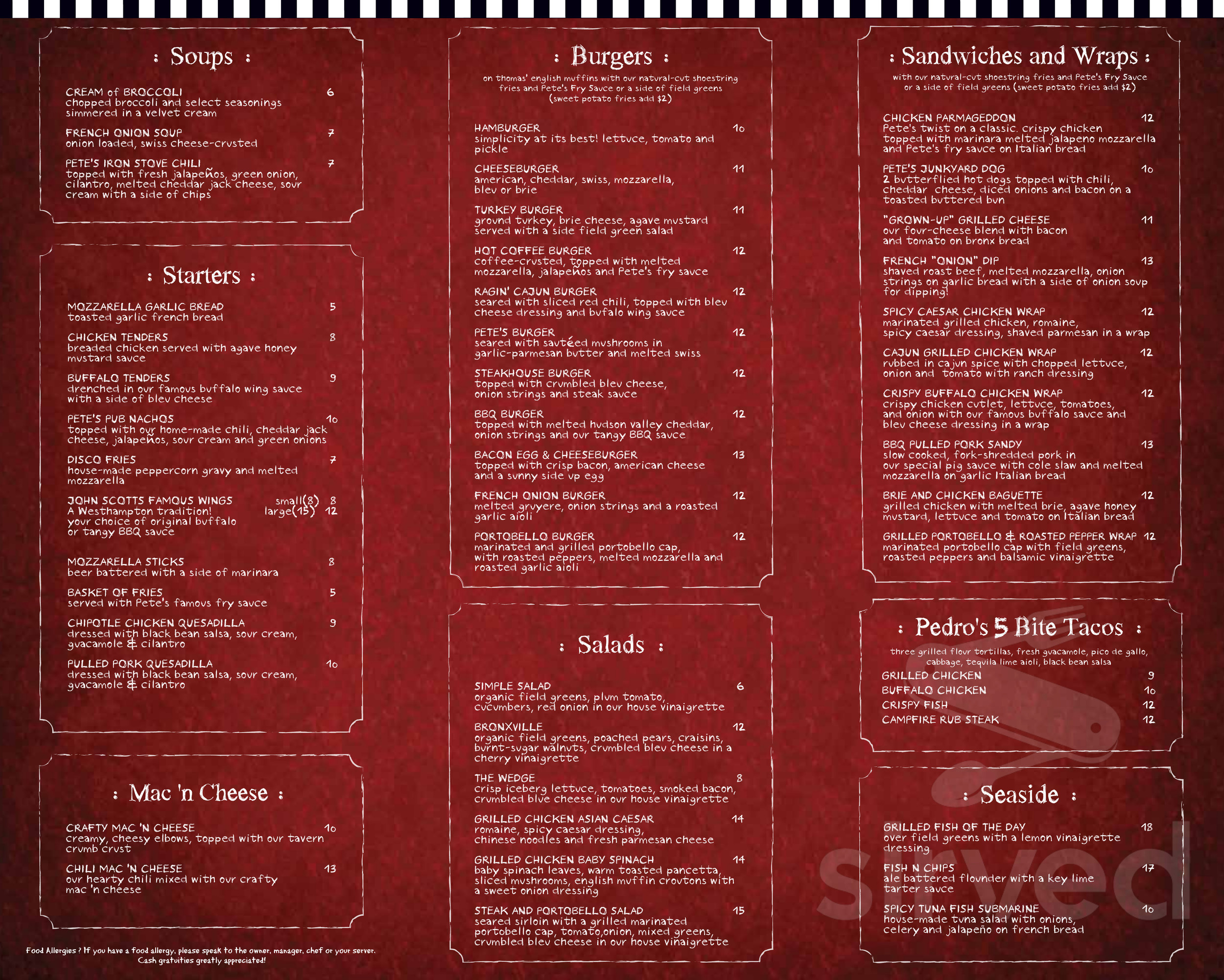 Pete's Park Place Tavern menu in Bronxville, New York, USA