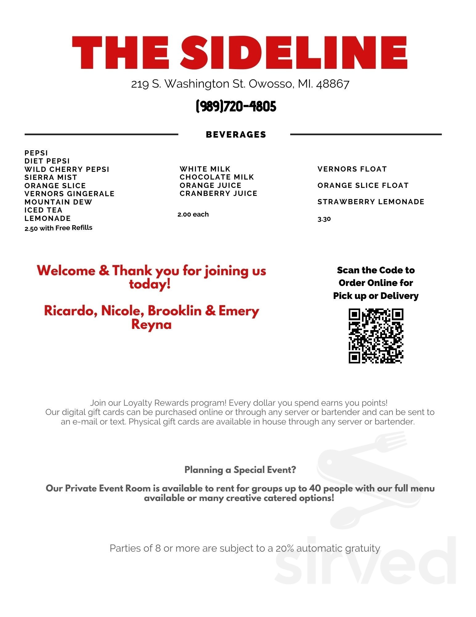 The Sideline Sports Bar Owosso menu in Owosso, Michigan, USA