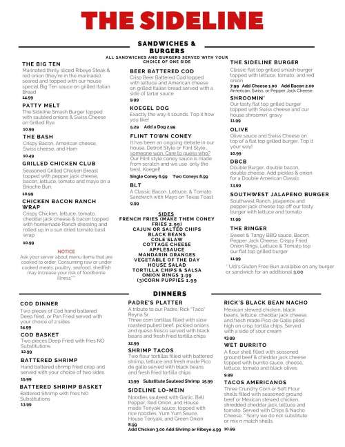 The Sideline Sports Bar Owosso menu in Owosso, Michigan, USA