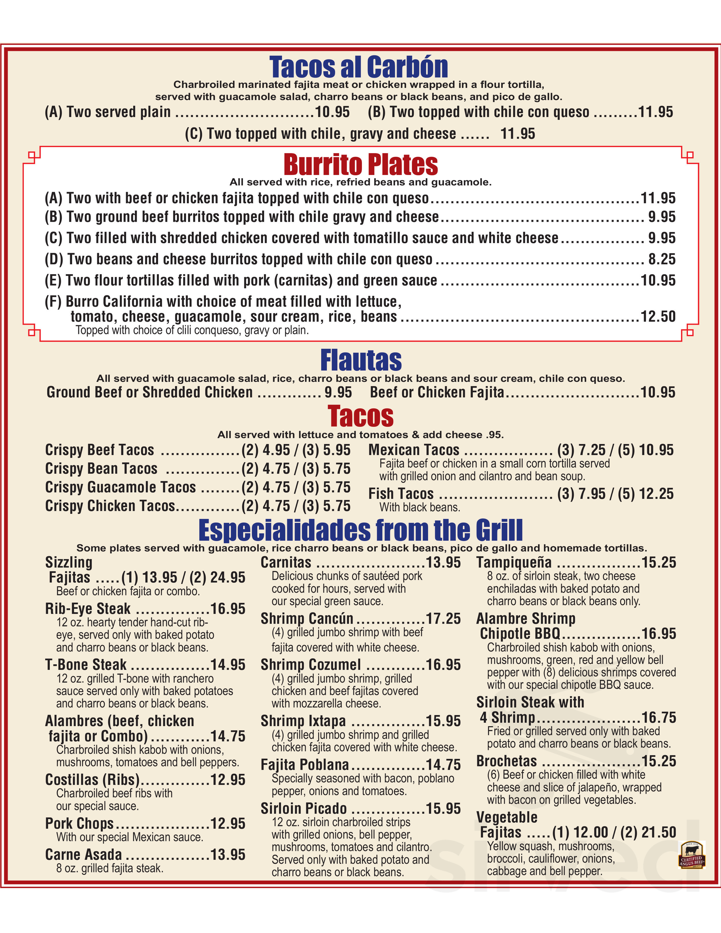 Cazadores Mexican Restaurant menu in Sealy, Texas, USA