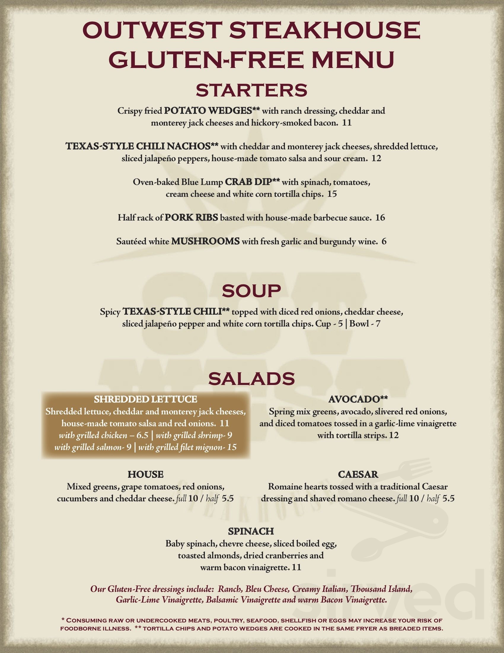 OutWest Steakhouse menu in Kernersville, North Carolina, USA