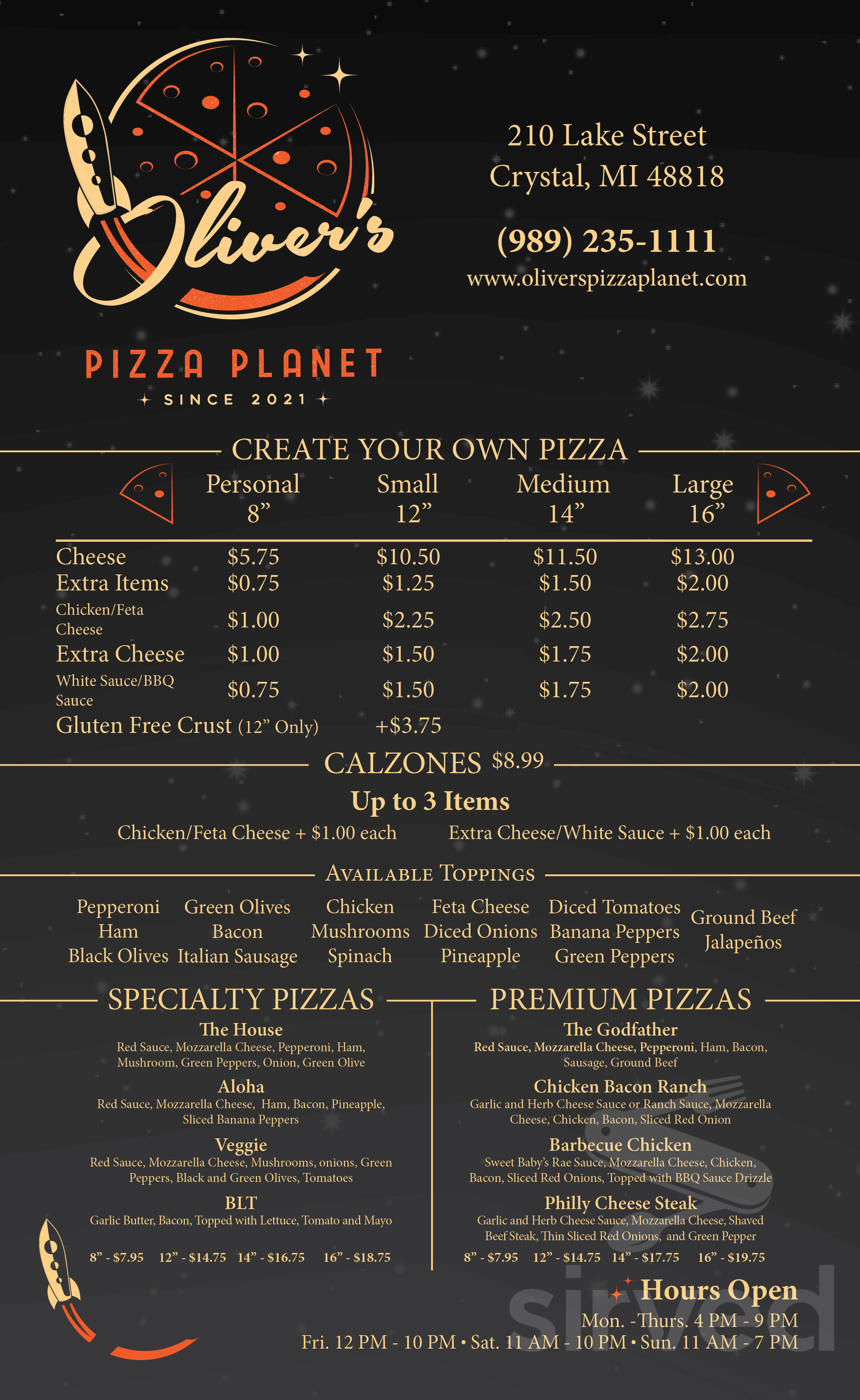 Oliver's Pizza Planet menu in Crystal, Michigan, USA