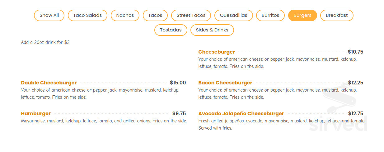 University Tacos and Burritos menu in Birmingham, Alabama, USA