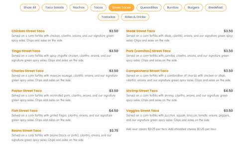 University Tacos and Burritos menu in Birmingham, Alabama, USA