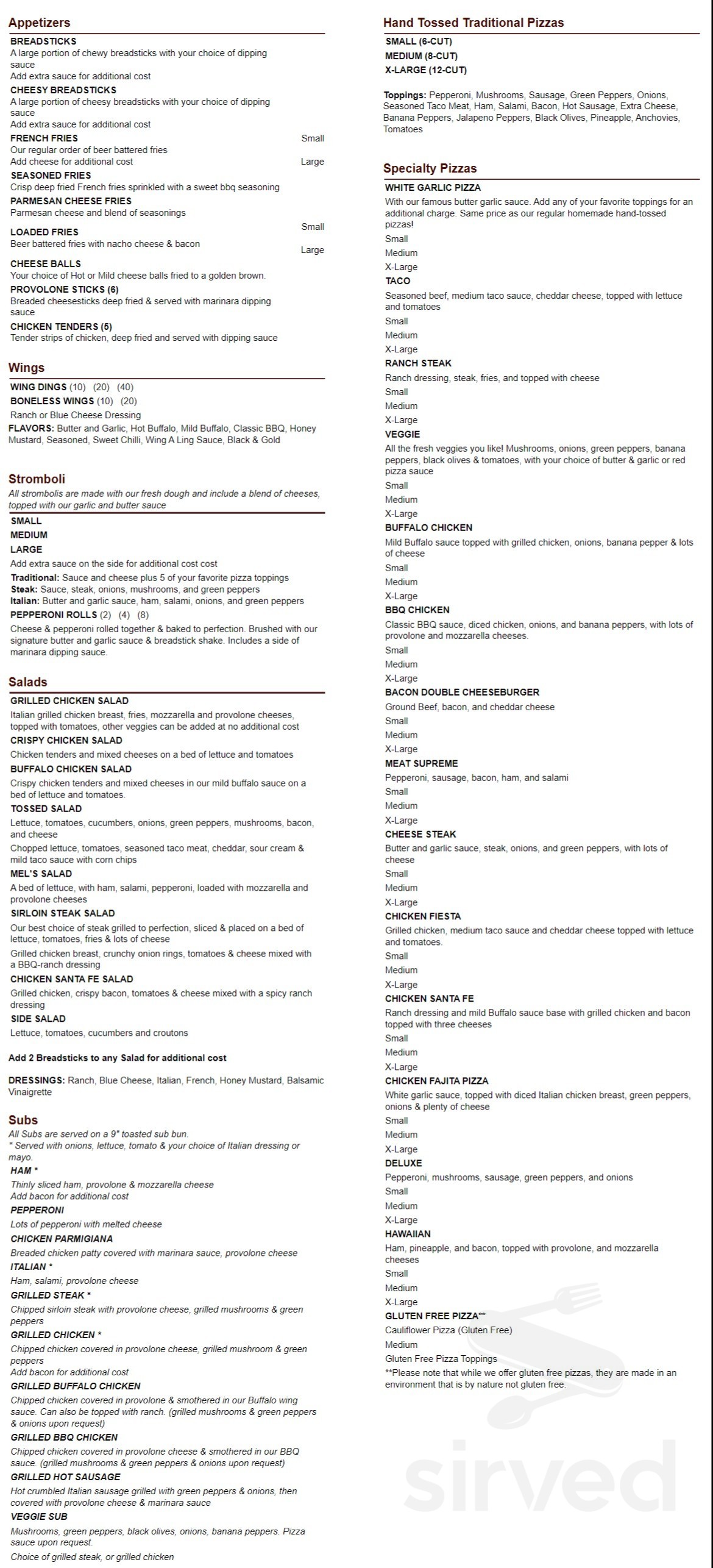Menu for Mel's Pizzeria in Kittanning, PA | Sirved