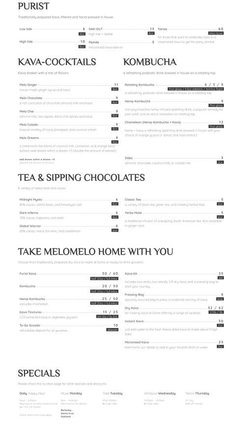 MeloMelo Kava Bar menu in Oakland, California, USA
